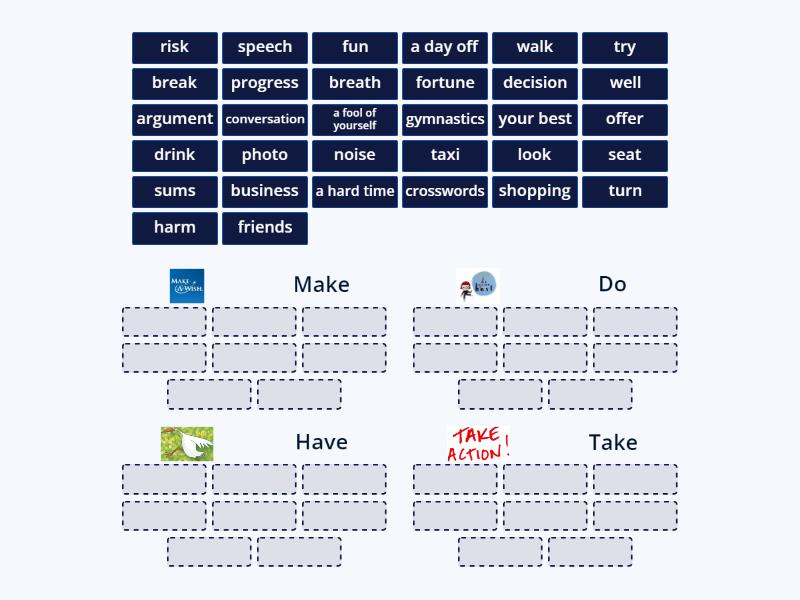 Collocations make, do, have, take - Group sort