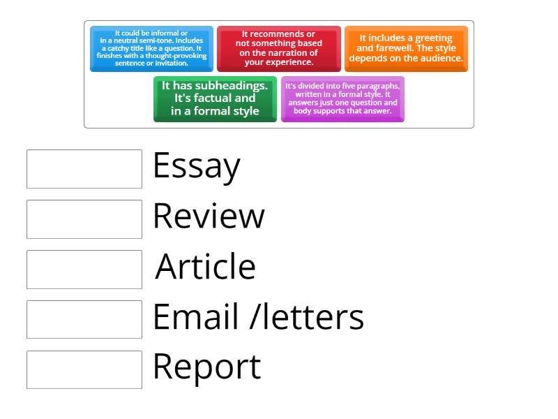 Identify types of writing by their main characteristic - Match up