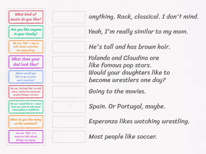 The word 'like' has a number of uses and meanings. Match the sentences ...