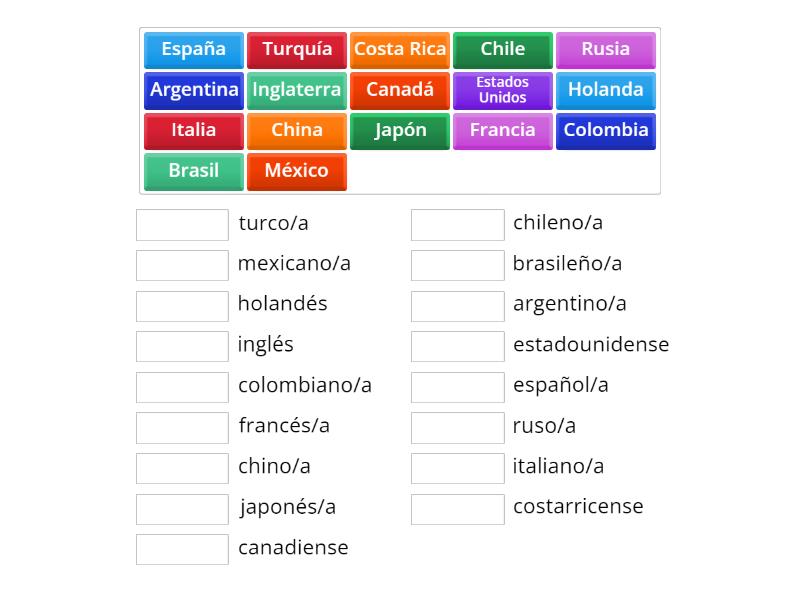 Las nacionalidades en español - Une las parejas