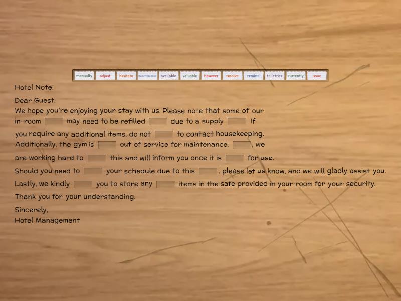 Hotel Note - Complete the sentence