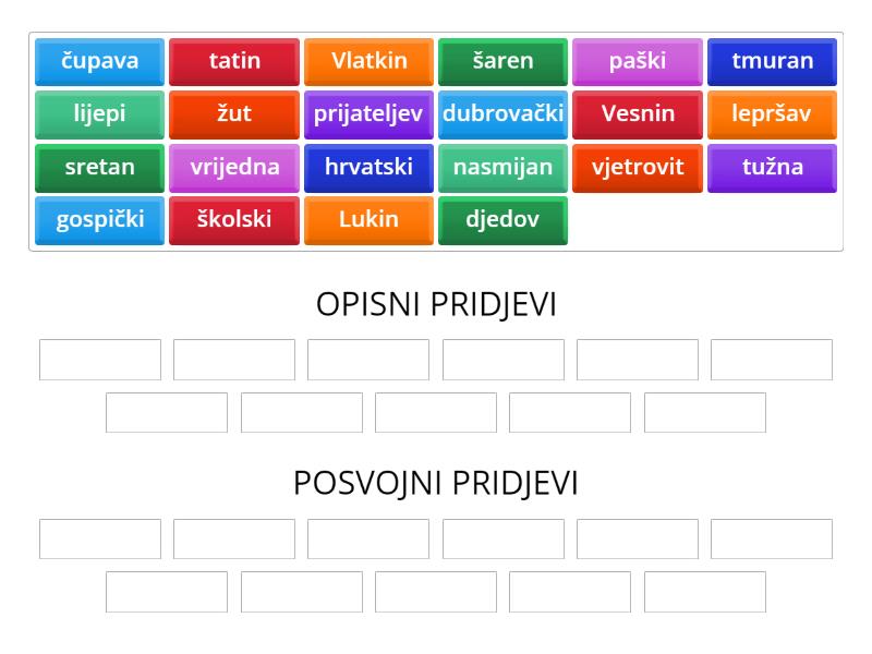 OPISNI I POSVOJNI PRIDJEVI 4. razred - Group sort