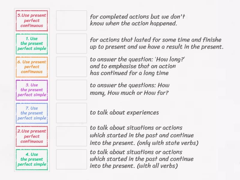 present perfect simple and continuous - Match up