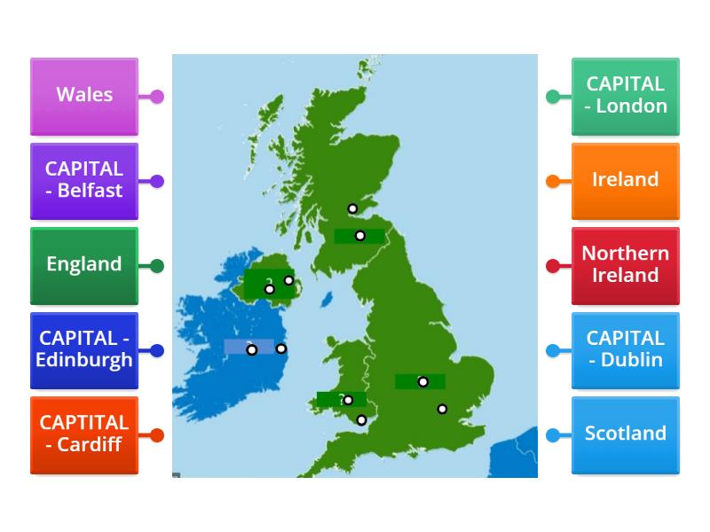 UK countries and capitals map matching names - Labelled diagram