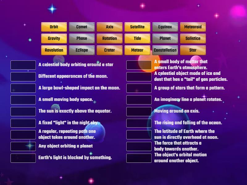 Earth, Moon, and Sun Vocabulary - Match up