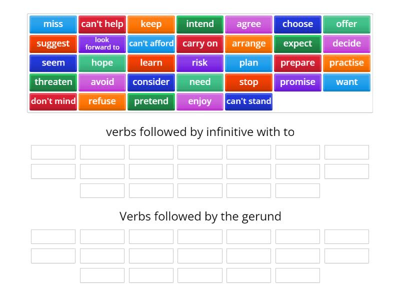 Verbs followed by infinitive or gerund - Ordenar por grupo