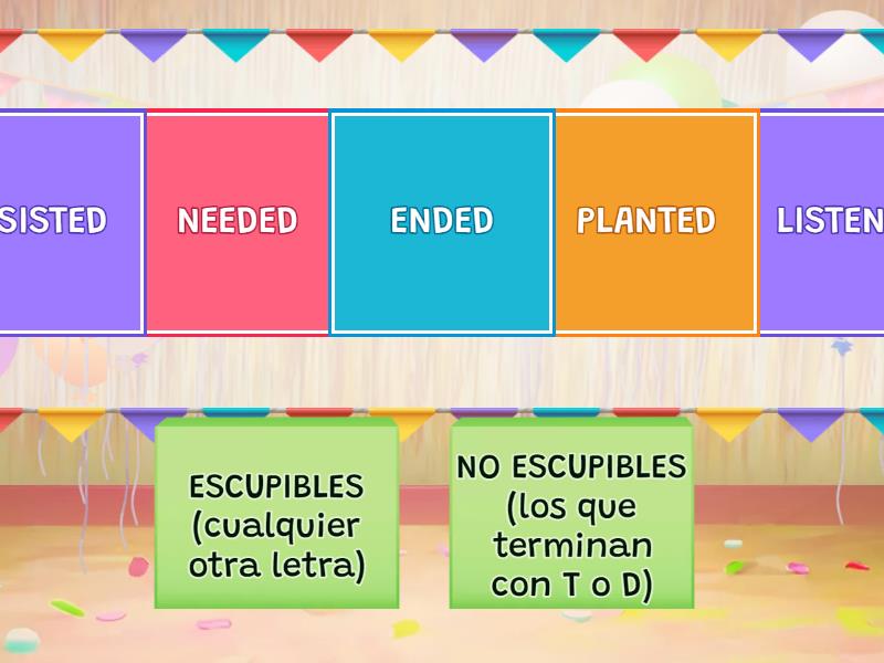 ordena los verbos en cada caja. NO ESCUPIBLES terminan con T / D y permite sonar ED ya conjugado ...