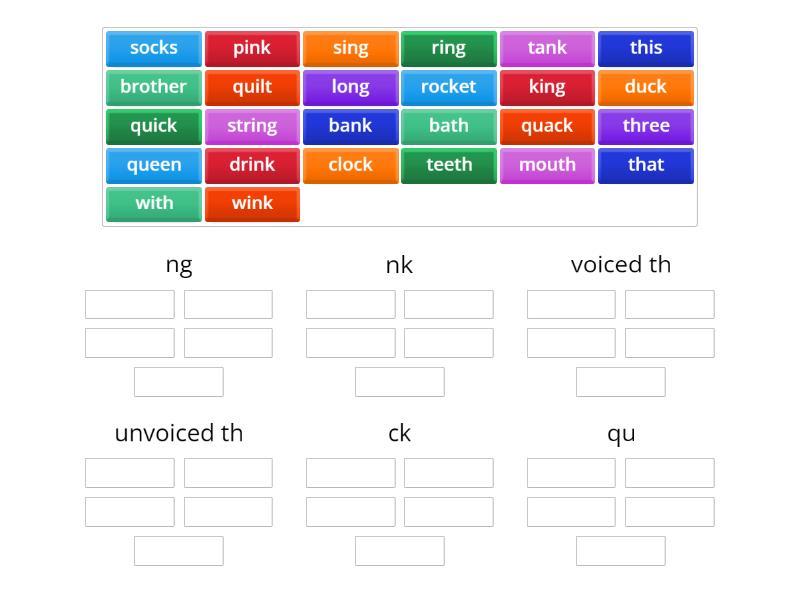 Oxford Phonics 4. Units 5-6. Ng, nk, th, ck, qu. - Group sort