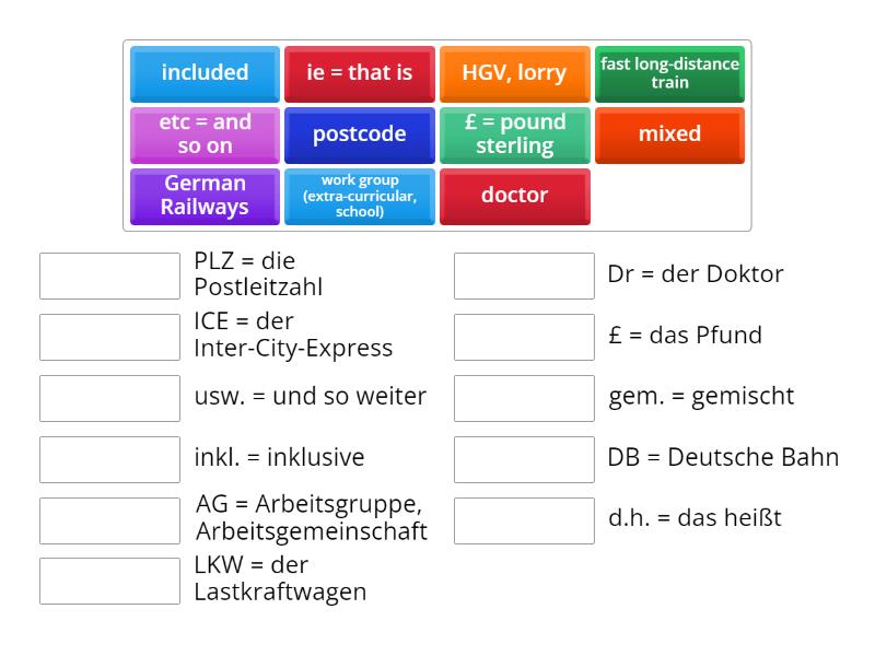 AQA GCSE German vocabulary - common abbreviations - Match up