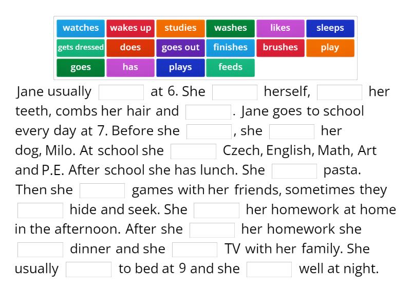 Present simple - daily routine - 3rd person singular - Missing word