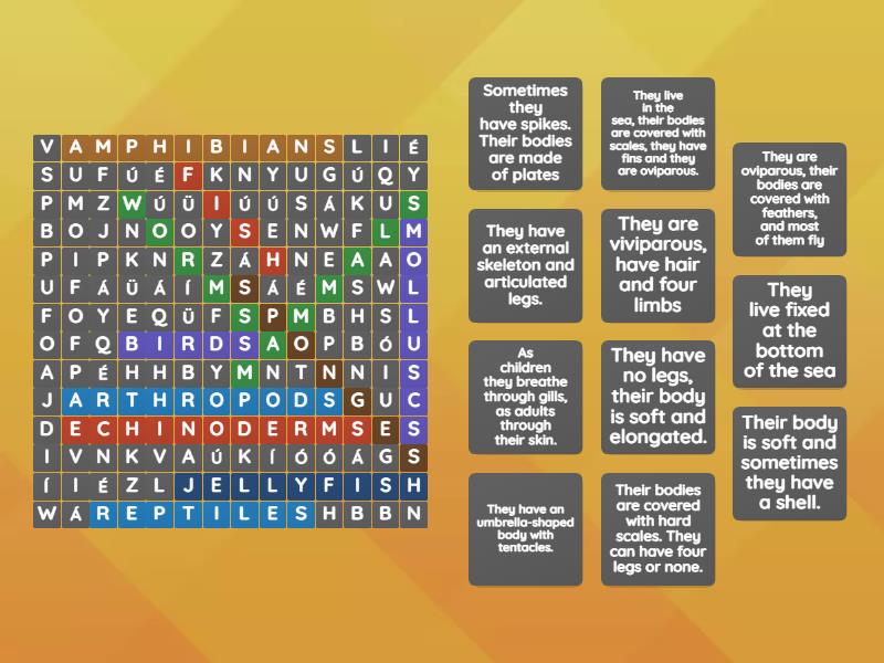 Vertebrate and invertebrate animals - Wordsearch
