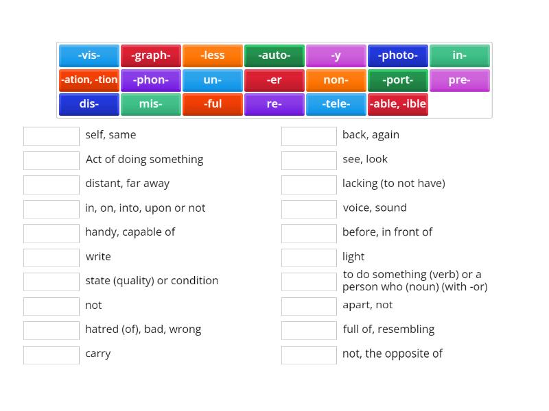 Affixes & Roots List 1 - Match up