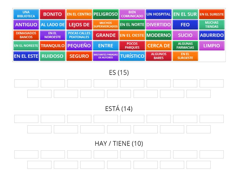 RELACIONA EL VOCABULARIO CON "SER, ESTAR, TENER O HAY" - Ordenar por grupo