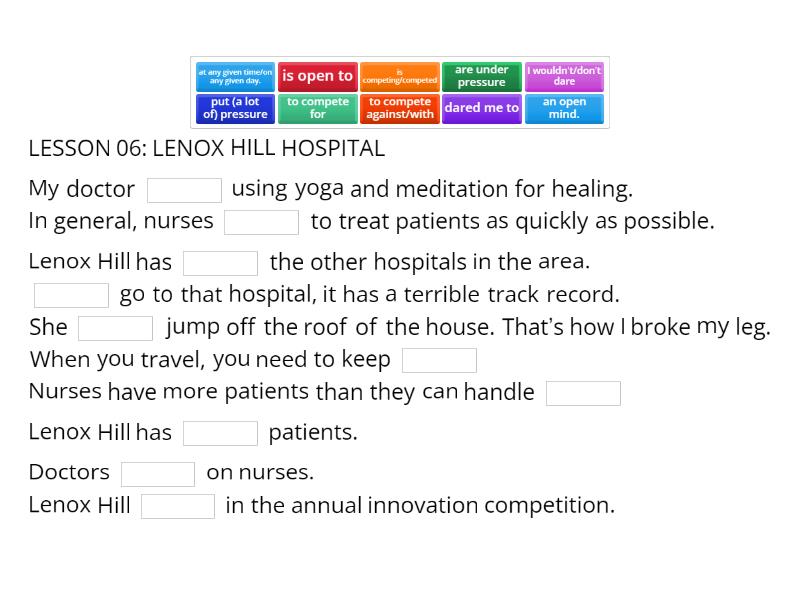 06 LENNOX HILL HOSPITAL WORDS IN CONTEXT - Complete the sentence