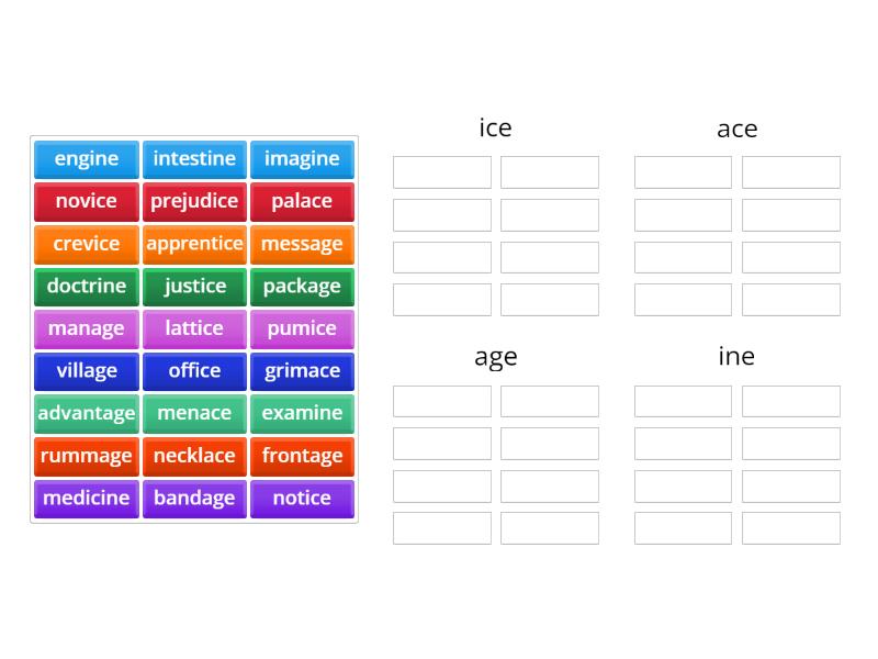 Barton Book 6 Lesson 11 ice, ace, age, ine Sort - Group sort