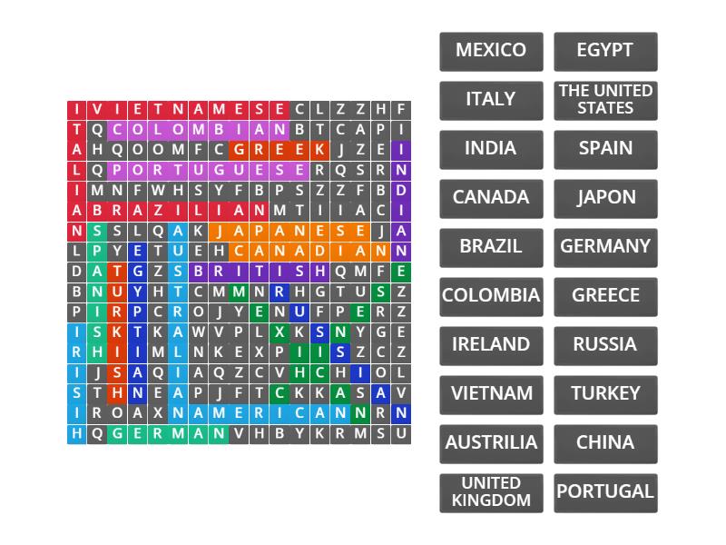 COUNTRIES AND NATIONALITIES WORDSEARCH - Sopa de letras