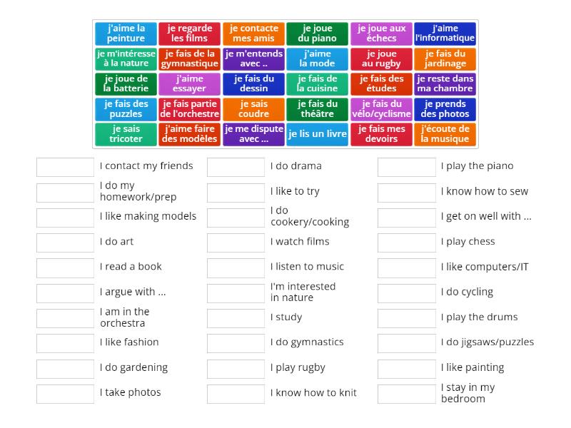 French hobbies and activities 2 - Match up