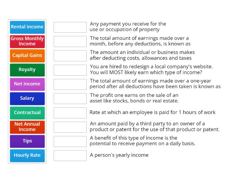 Types of Income Word Match - Une las parejas