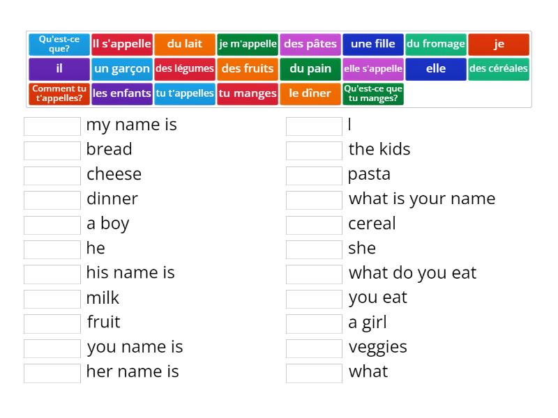 Leçon 1: Qu'est-ce que tu manges? - Match up