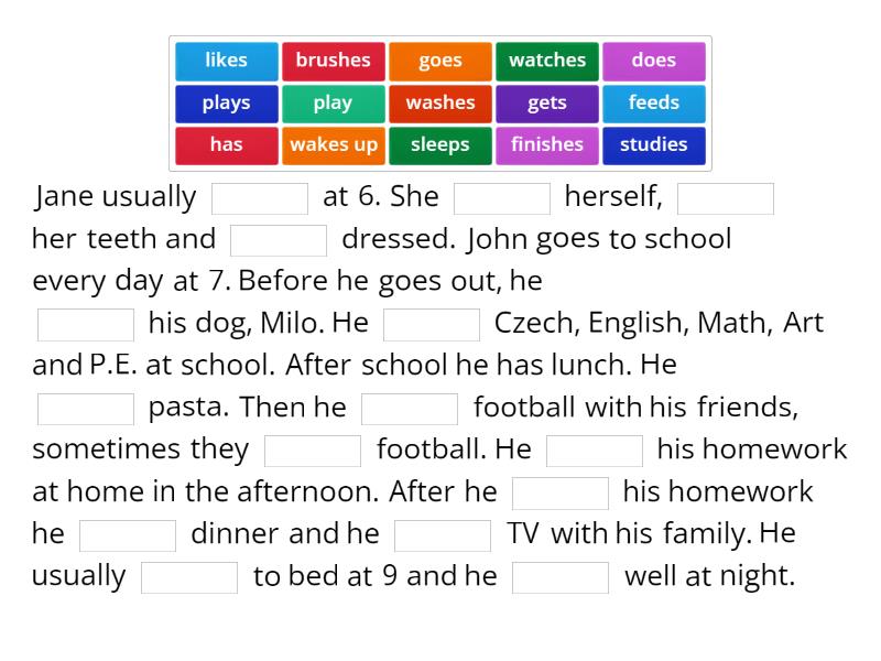 Present simple - daily routine - 3rd person singular - Missing word