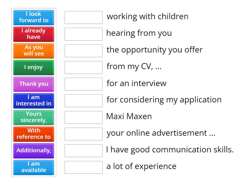 EN Year 9: Sentence Starters Letter of Application - Match up