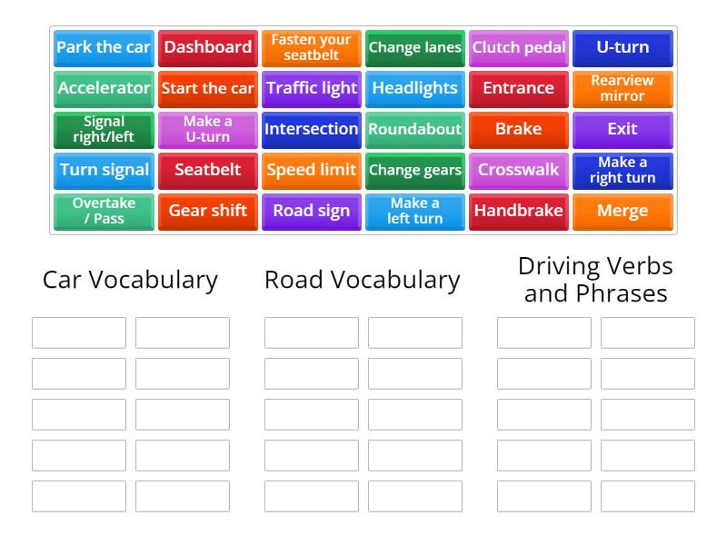 Car and Road Vocabulary - Group sort