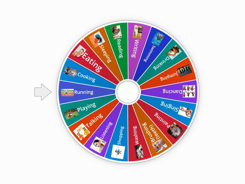 Present continuous verbs for Charades! - Spin the wheel