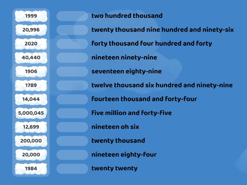 Big numbers and years - Match up