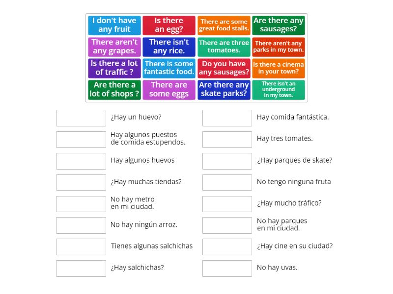 English to Spanish Sentences "There is/There are/Some/Any" - Match up