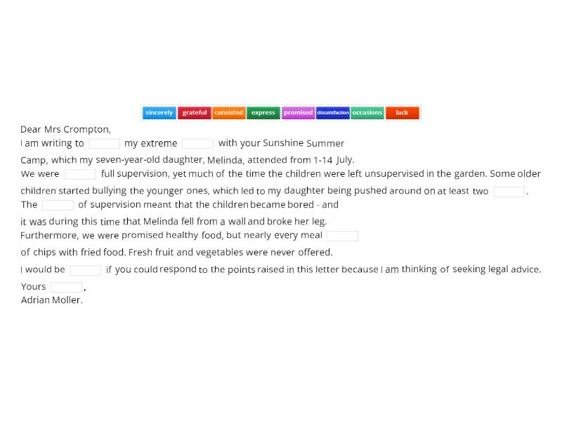 Letter of complaint - Complete the sentence