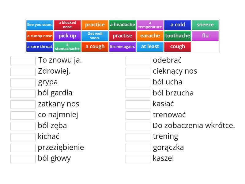 PIOTR English Class A2 Unit 5 Health problems - Match up