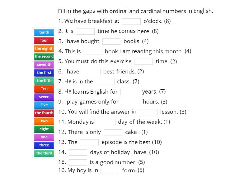 Ordinal and cardinal numbers - Complete the sentence