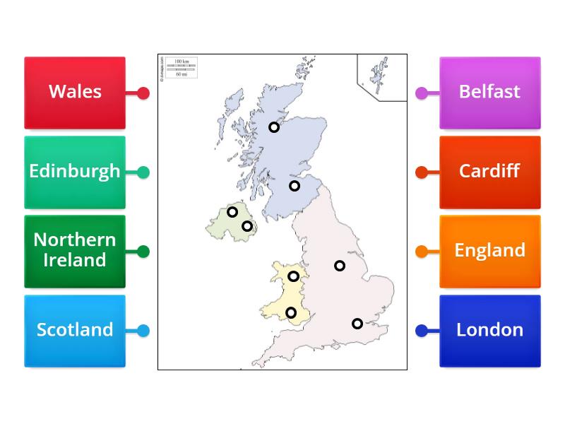 The UK map with capital cities - Labelled diagram