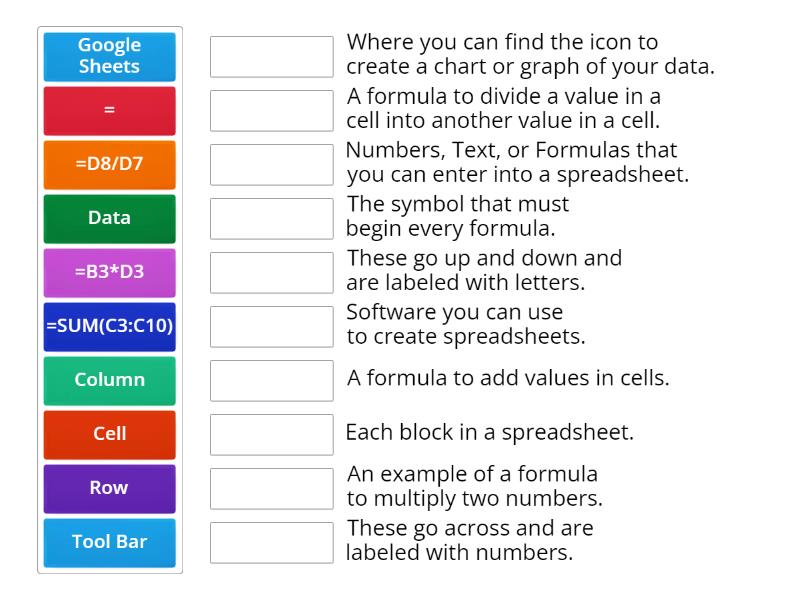 Spreadsheet Definition Quiz - Match up