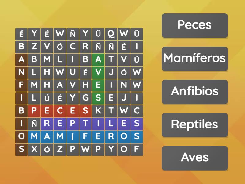 Encontrar en la sopa de letras los grupos de animales vertebrados ...