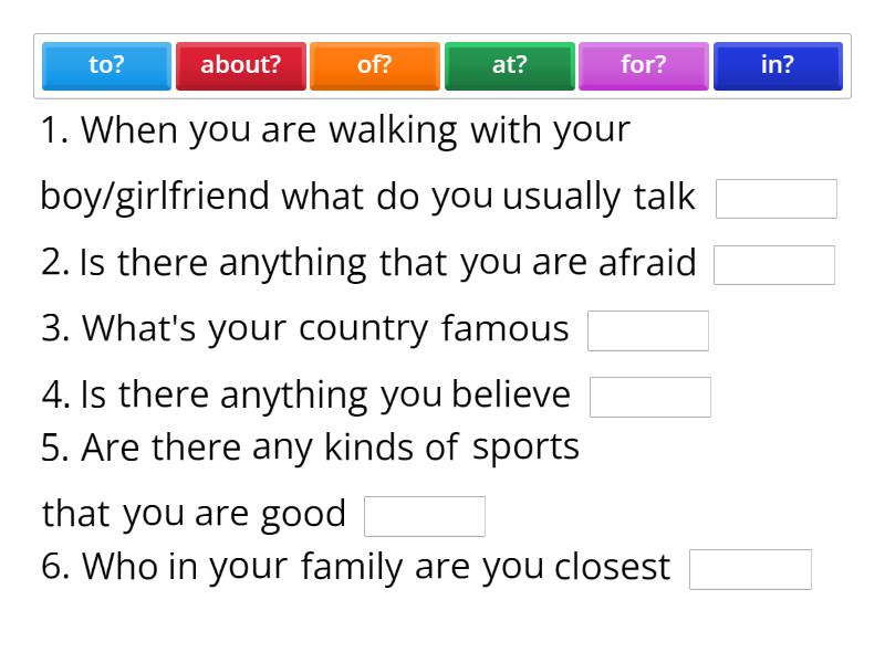 Prepositions in questions - Complete the sentence