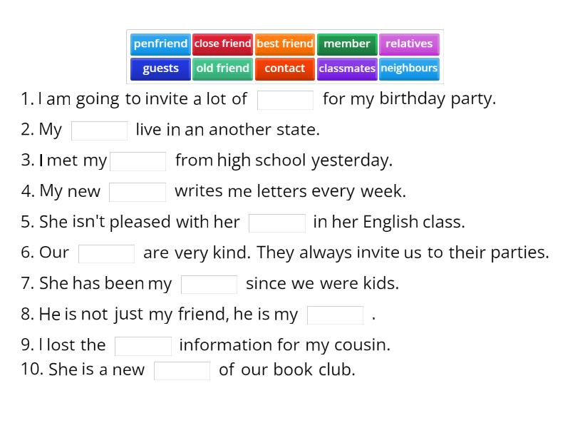 Prepare 3 Unit 10 Vocabulary Relationships - Complete the sentence