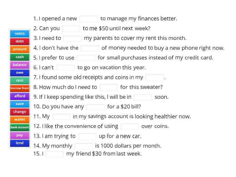 Sentences with words connected to the money - Complete the sentence