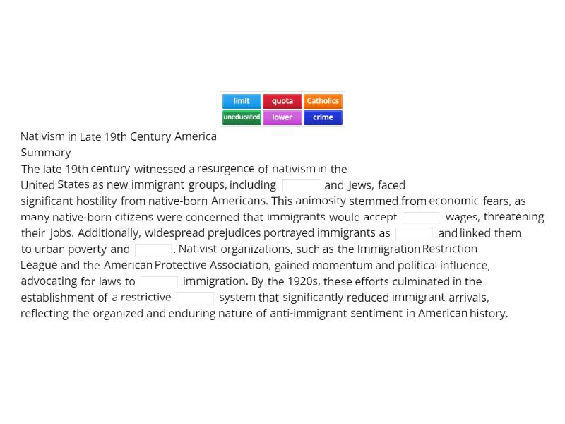Immigration & the Rise of Nativism - Late 19th Century USA - Completar ...