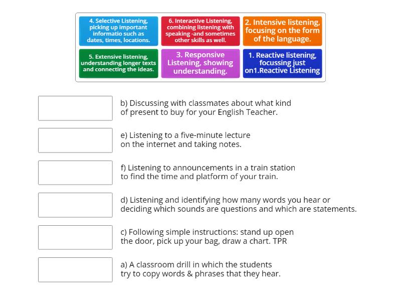 Kinds of Text and Types of Listening - Assessment module - Match up