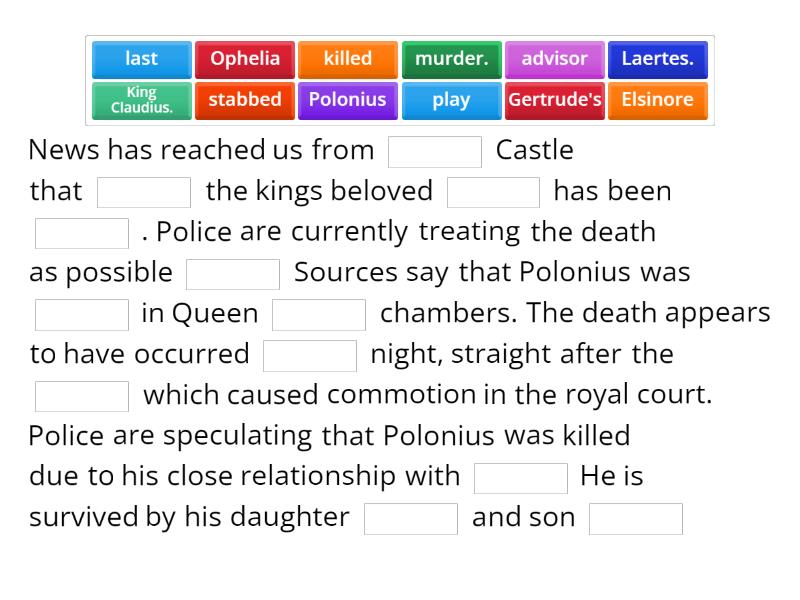 Hamlet Newspaper Article - Complete the sentence