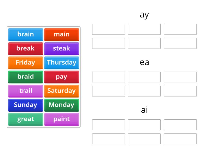 Vowel Diagraphs word sort ( ay, ea, ai) - Group sort