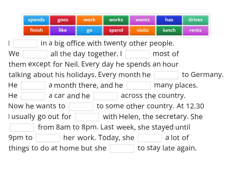 Present Simple ALL FORMS TEXT - Completa la oración