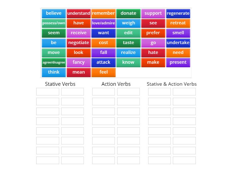 Stative Verbs / Action Verbs / Stative & Action Verbs - Group sort