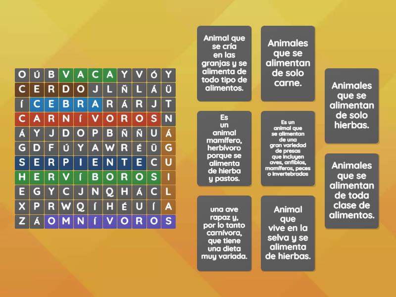 Sopa de letras. Animales según su alimentación. - Wordsearch