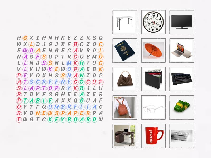 everyday objects - Wordsearch