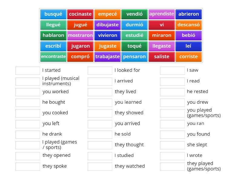 Pretérito - Regular - stem changing and car,zar and gar verbs - Match up