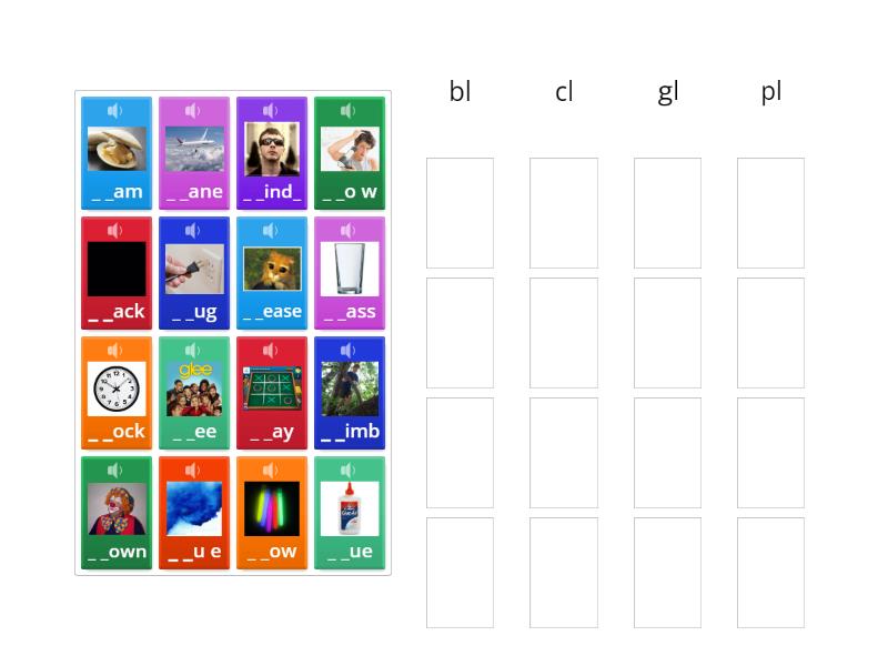 Phonics review: bl- gl- cl- pl- - Group sort
