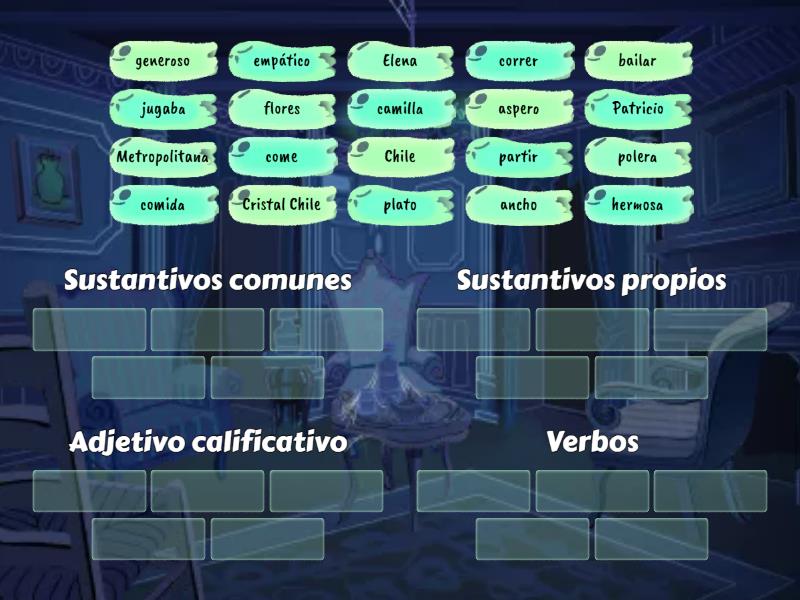 Adjetivos, verbos y sustantivos común - propio - Ordenar por grupo