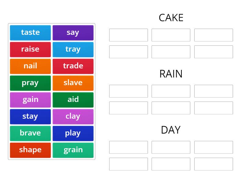 Word Sort: Long a with a-e, ai, and ay - Group sort